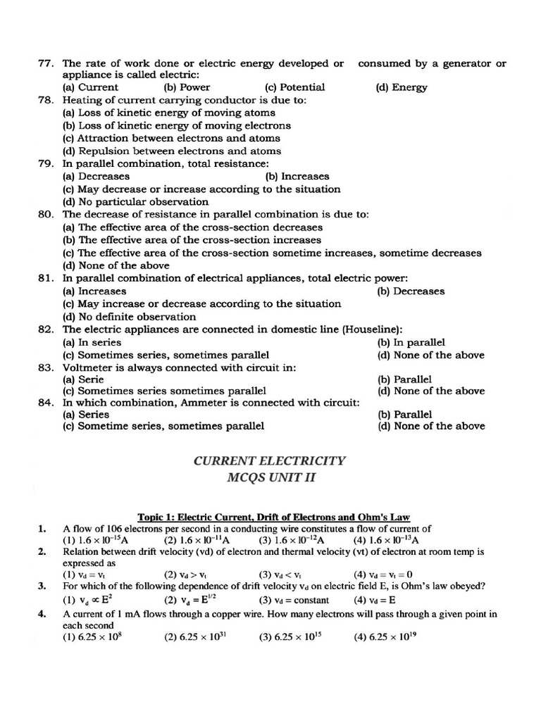 Class 12 Current Electricity Mcqs | PDF