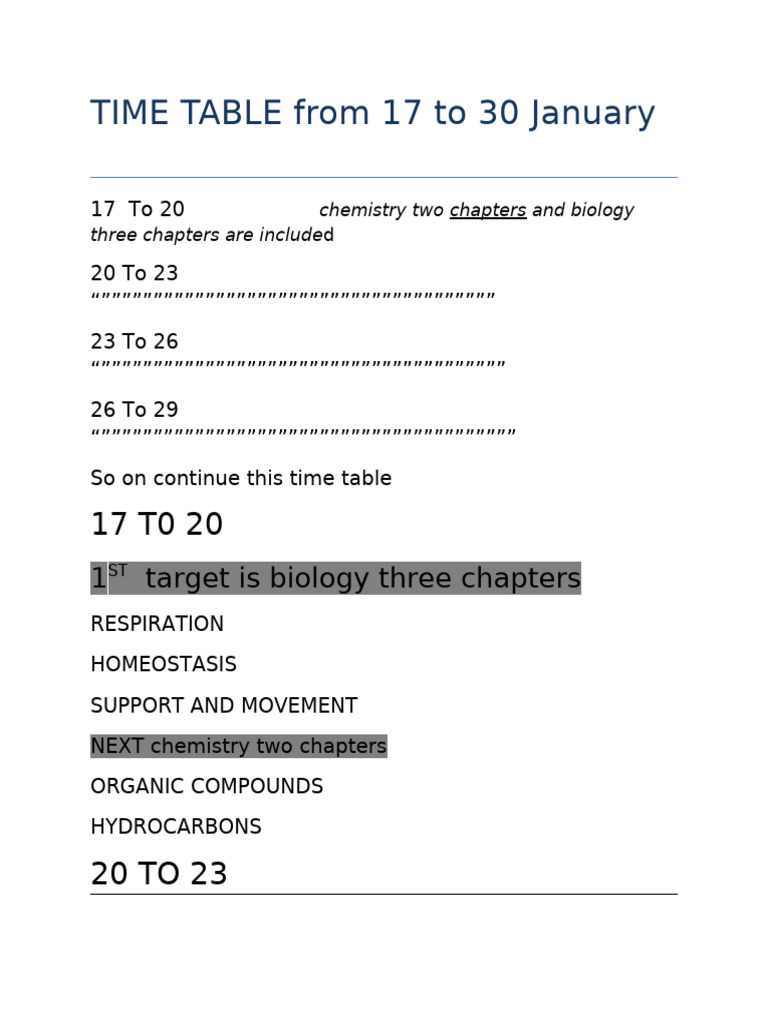TIME TABLE From 17 To 30 January For Class 12 and 11 | PDF