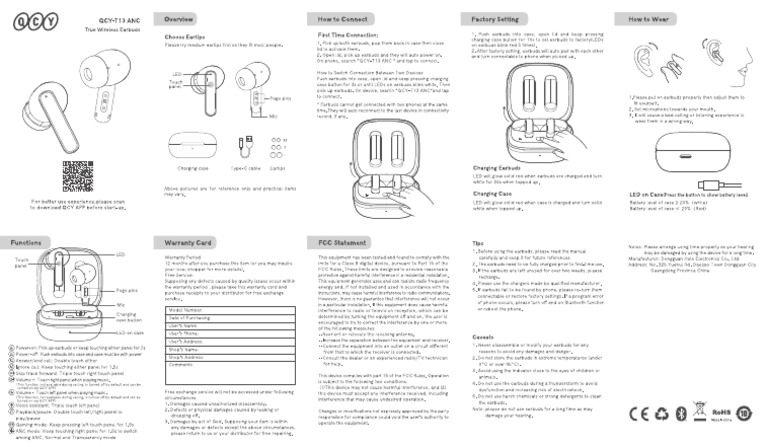 Qcy-t13 Anc (Ht06) 杰理 Ac7006f中英文说明书 | PDF