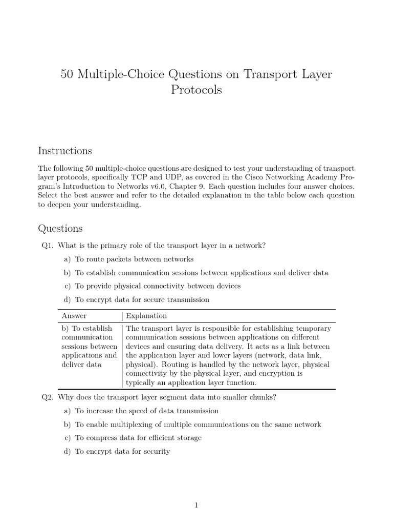 Transport Layer Protocols Quiz | PDF | Transmission Control Protocol ...