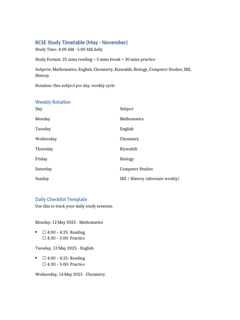 KCSE Study Timetable | PDF