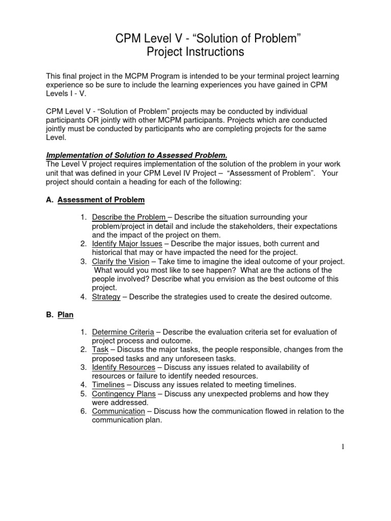 CPM Level V - "Solution of Problem" Project Instructions | PDF ...