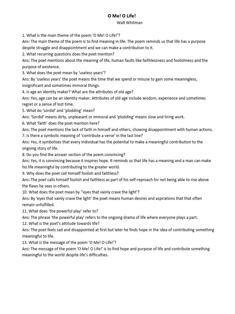 O Me! O Life! Theme and Analysis | PDF | Meaning Of Life