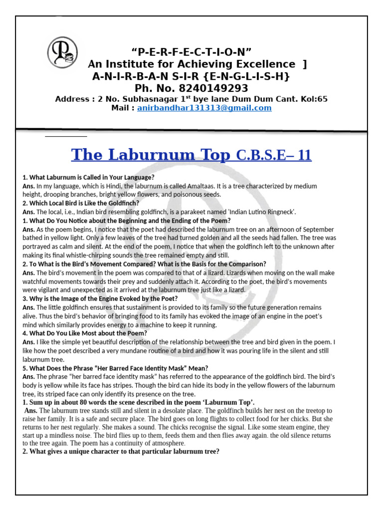 The Laburnum Top C.B.S.E - 11 | PDF | Poetry | Birds