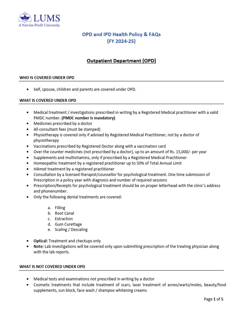 OPD & IPD Health Policy Overview 2024-25 | PDF | Hospital | Dentistry
