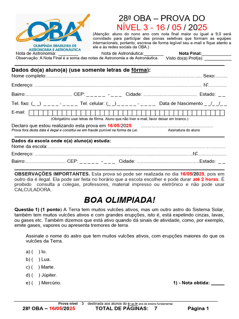 Prova Nível 3 Da 28 OBA de 2025 - Compressed - 250518 - 144617 | PDF ...