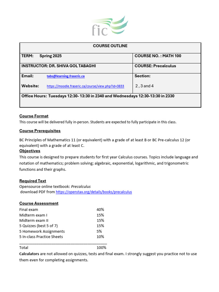 Math 100 - Spring 2025-Course Outline | PDF | Trigonometric Functions ...