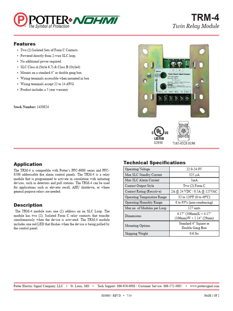Potter Electric Twin Relay Module TRM4 | PDF | Relay | Switch