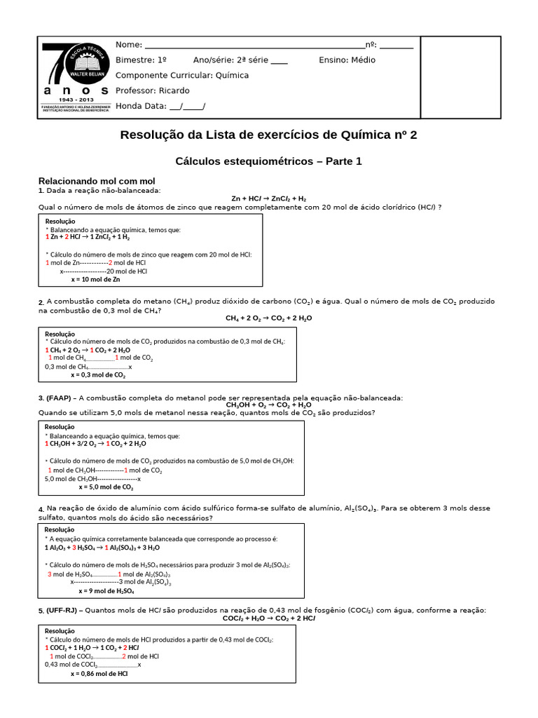Resolucao Da Lista de Exercicios 2 - Calculos Estequiometricos | PDF ...