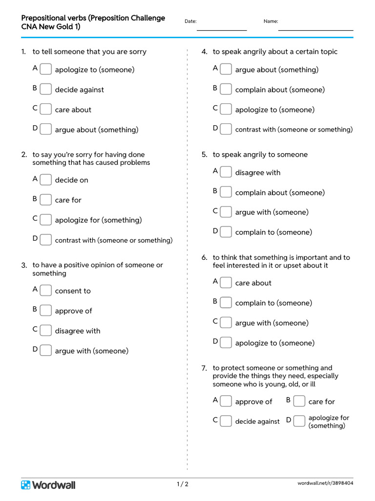 Prepositional Verbs Preposition Challenge Quiz | PDF | Linguistics | Syntax
