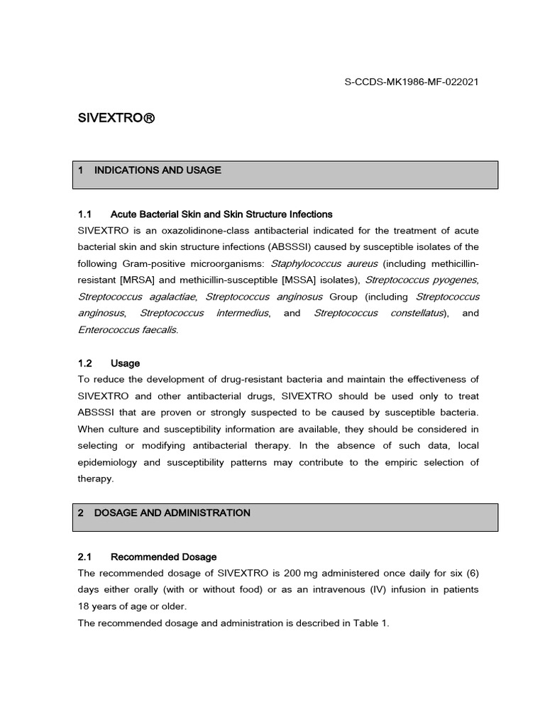 Sivextro_PI_Approved | PDF | Intravenous Therapy | Dose (Biochemistry)