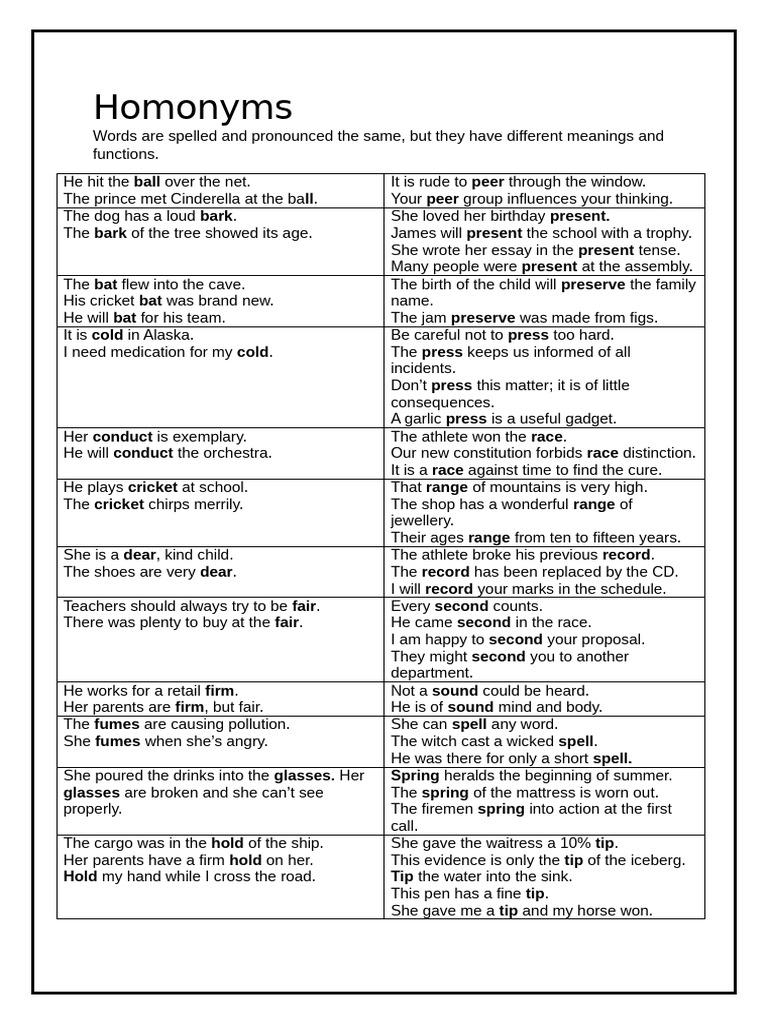 Homonyms and homophones | PDF | Verb | Adjective