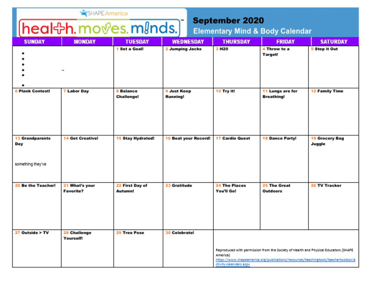 September2020 Mind Body Elementary Calendar Englis | PDF