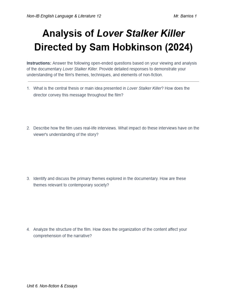 Analysis of Lover Stalker Killer Directed by Sam Hobkinson (2024) | PDF | Narrative | Essays