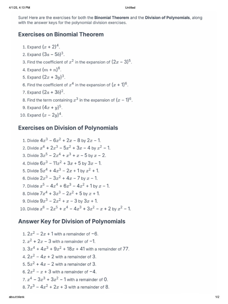 Binomial Theorem and Division of Polynomials | PDF