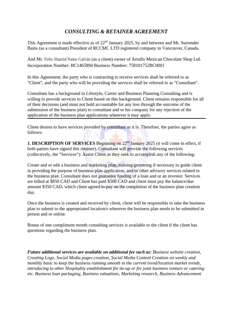 Consulting & Retainer Agreement | PDF | Consultant | Confidentiality