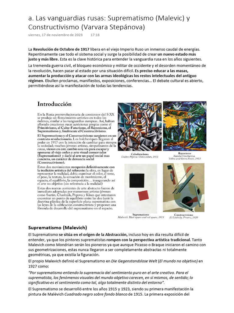 7.2.a. Las vanguardias rusas Suprematismo (Malevic) y Constructivismo (Varvara Stepánova) | PDF ...