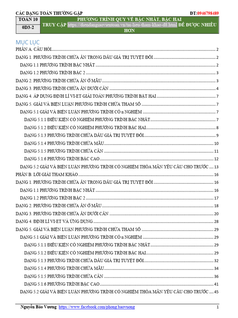 [NBV]-0D3-2 PHƯƠNG TRÌNH QUY VỀ BẬC NHẤT, BẬC HAI | PDF
