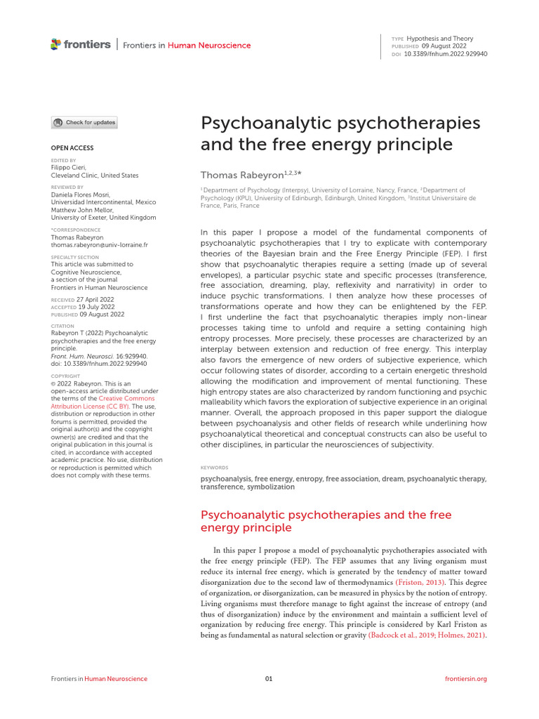 Psychoanalytic Psychotherapies and The Free Energy Principle | PDF ...