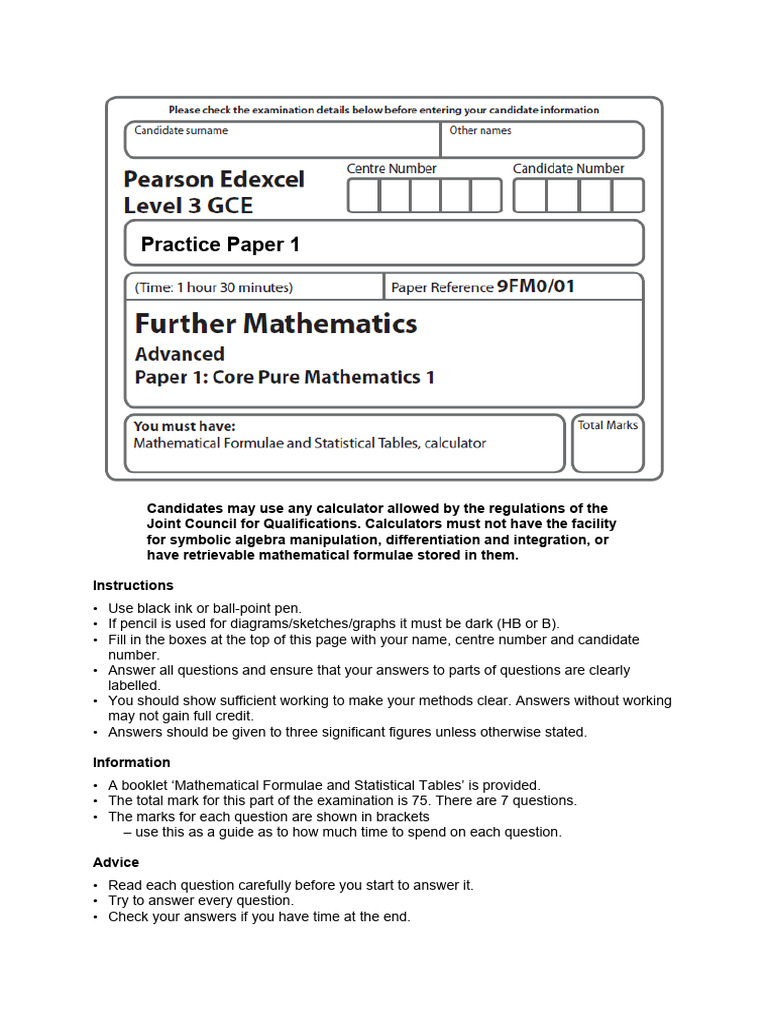 9FM0-01 A Level Core Pure Mathematics 1 - Practice Paper 1 | PDF | Mathematics | Equations