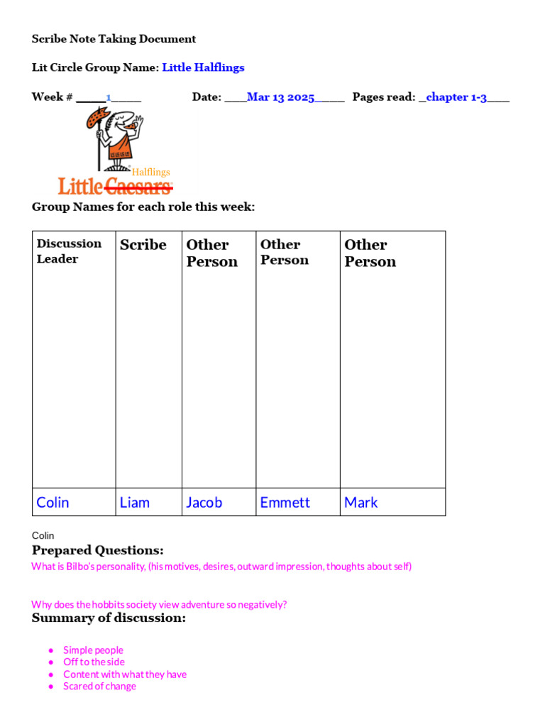 The Hobbit Scribe Note Taking Document - Lit Circles - Google Docs-1 | PDF