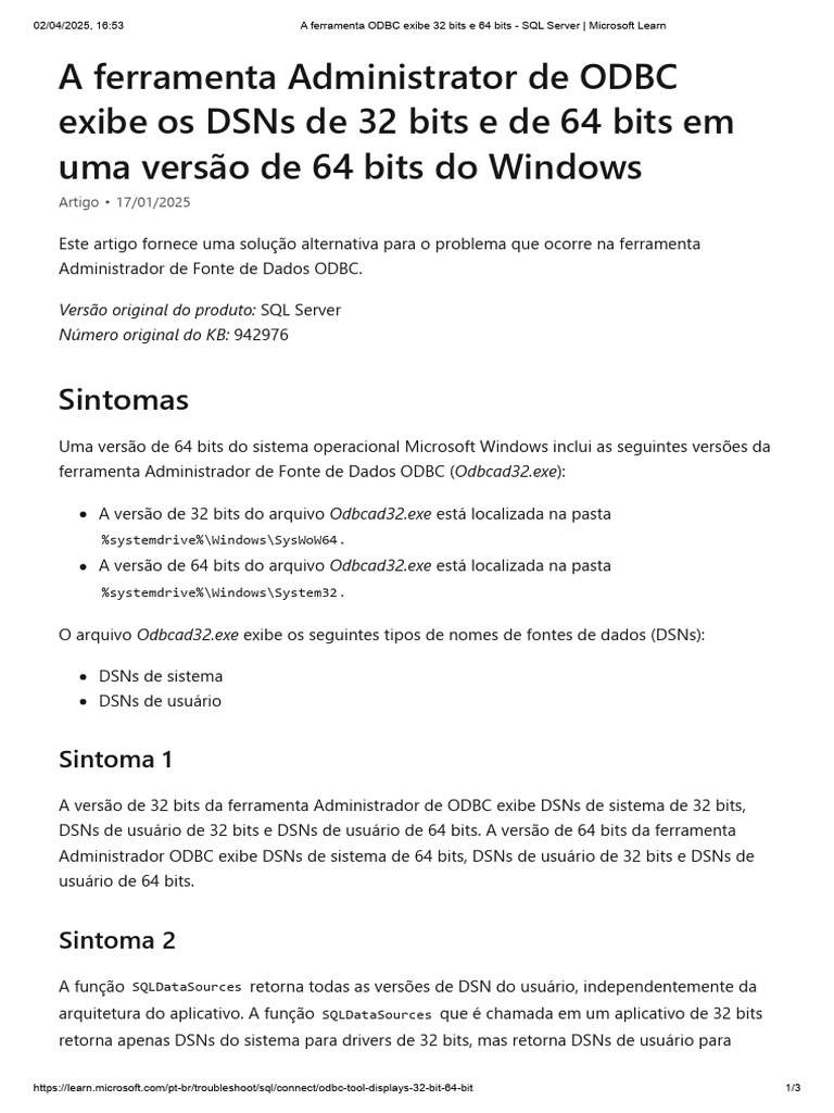 A Ferramenta ODBC Exibe 32 Bits e 64 Bits - SQL Server - Microsoft Learn | PDF | Microsoft ...