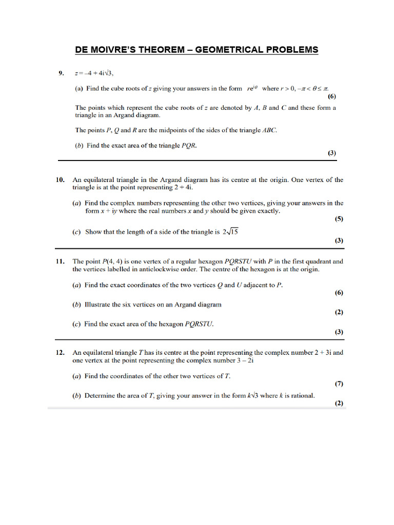 De Moivre's Theorem - Roots of Complex Numbers - Geometrical Problems | PDF