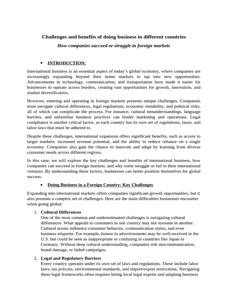 Challenges and Benefits of Doing Business in Different Countries | PDF ...