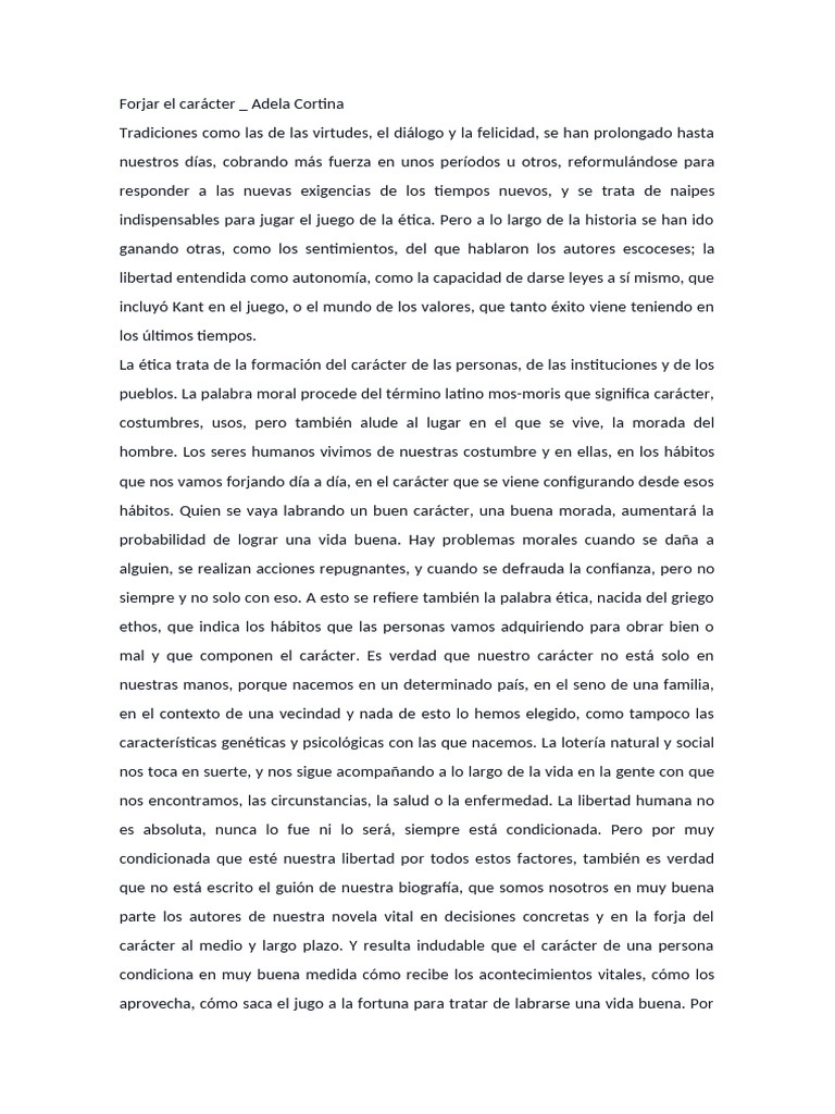 Forjar el Carácter y la Ética según Cortina | PDF | Virtud | Verdad