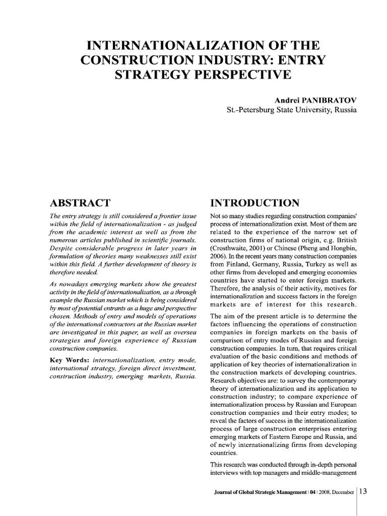 013 Internationalization of The Construction Industry Entry Strategy Perspective | PDF