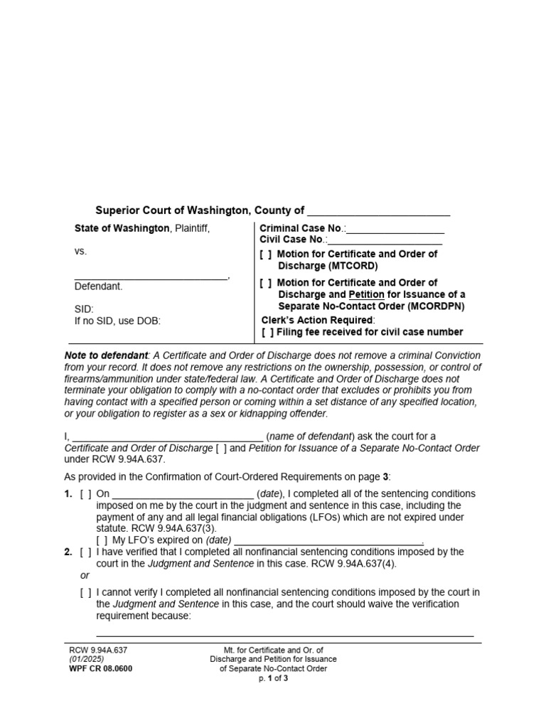 CR08.0600 - Motion For Certificate and Order of Discharge 2025 01 | PDF ...