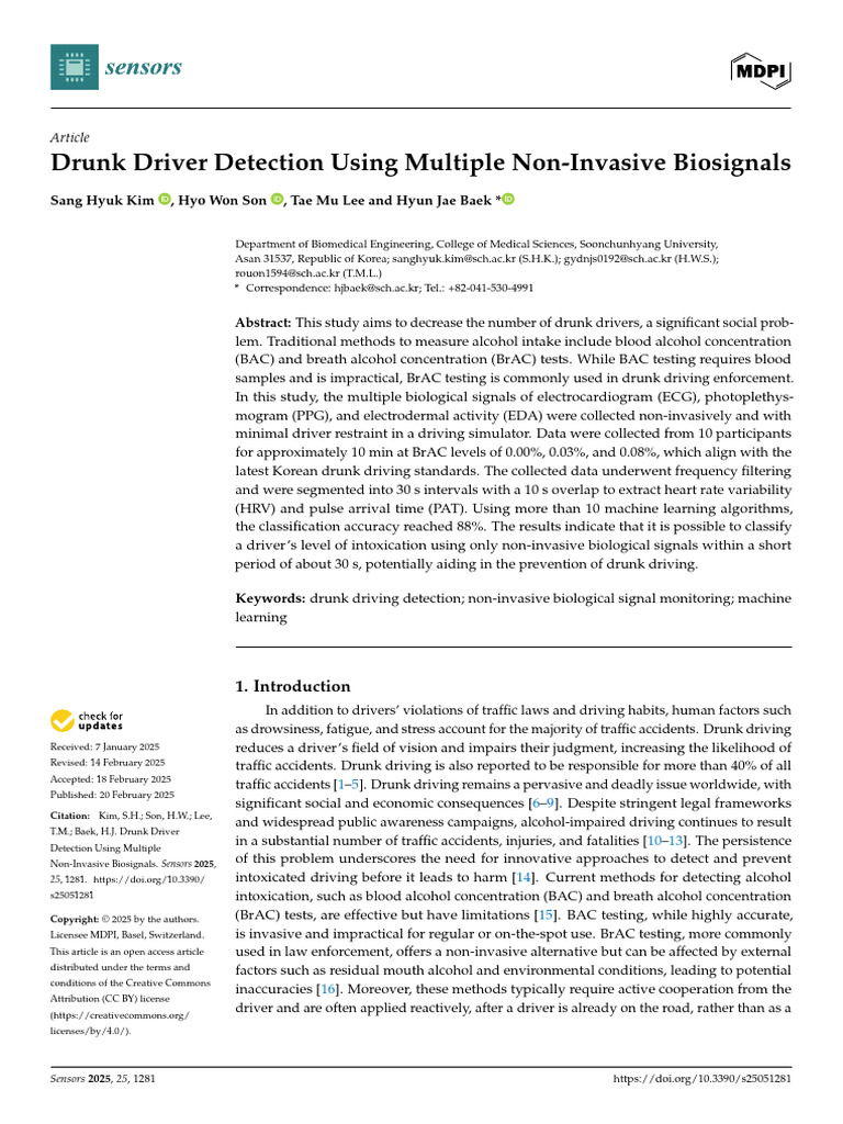 Drunk Driver Detection Using Multiple Non-Invasive Biosignals | PDF ...