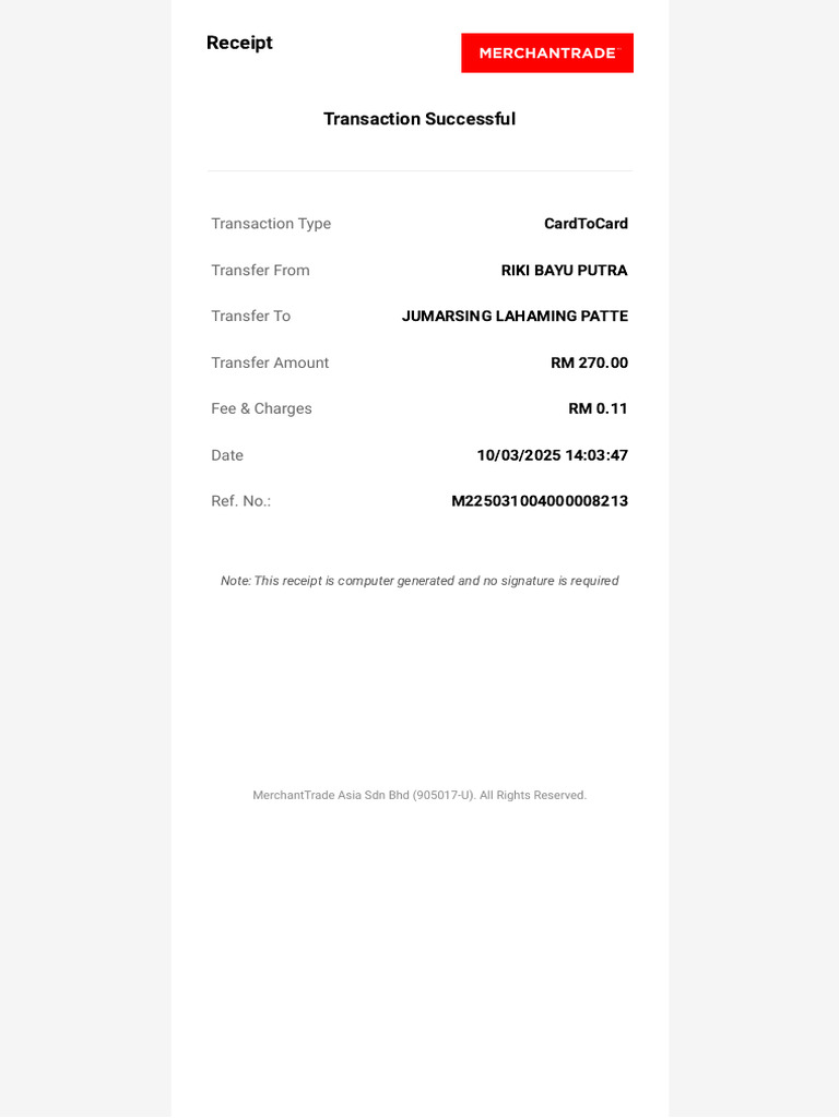 Merchantrade Money Receipt M225031004000008213 | PDF