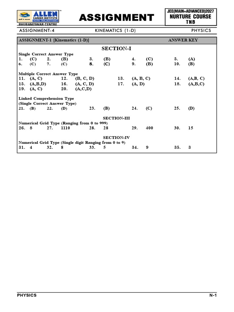 ASSIGN#04 (Kinematics_1-D)_Phy_NURTURE_KEY | PDF