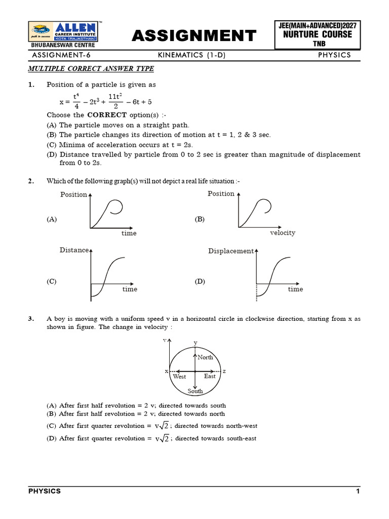 ASSIGN#06 (Kinematics - 1-D) - Phy - NURTURE - SC | PDF | Acceleration ...