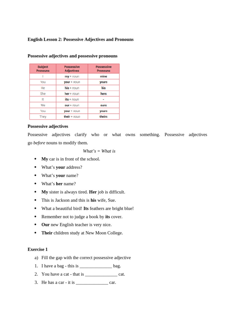 English Lesson 2 Possessives 2025-1 | PDF | Linguistic Typology | Grammar