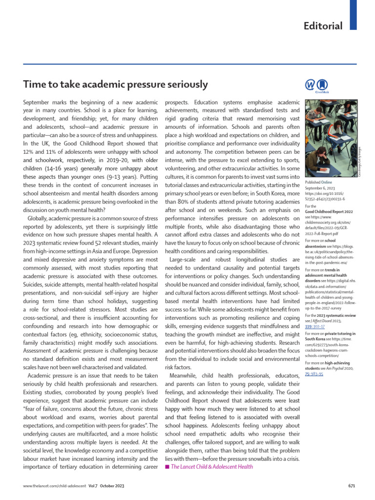 Editorial On Academic Pressure | PDF | Mental Health | Adolescence