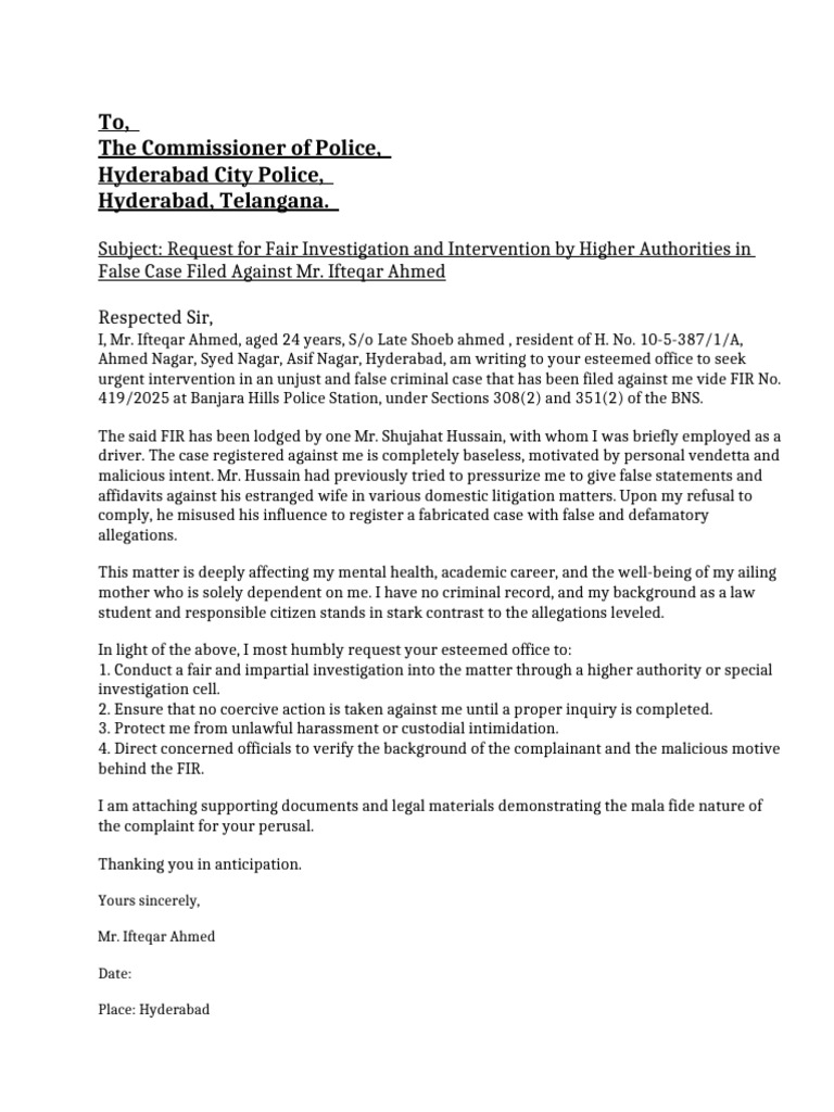 Application To Commissioner Ifteqar Ahmed | PDF
