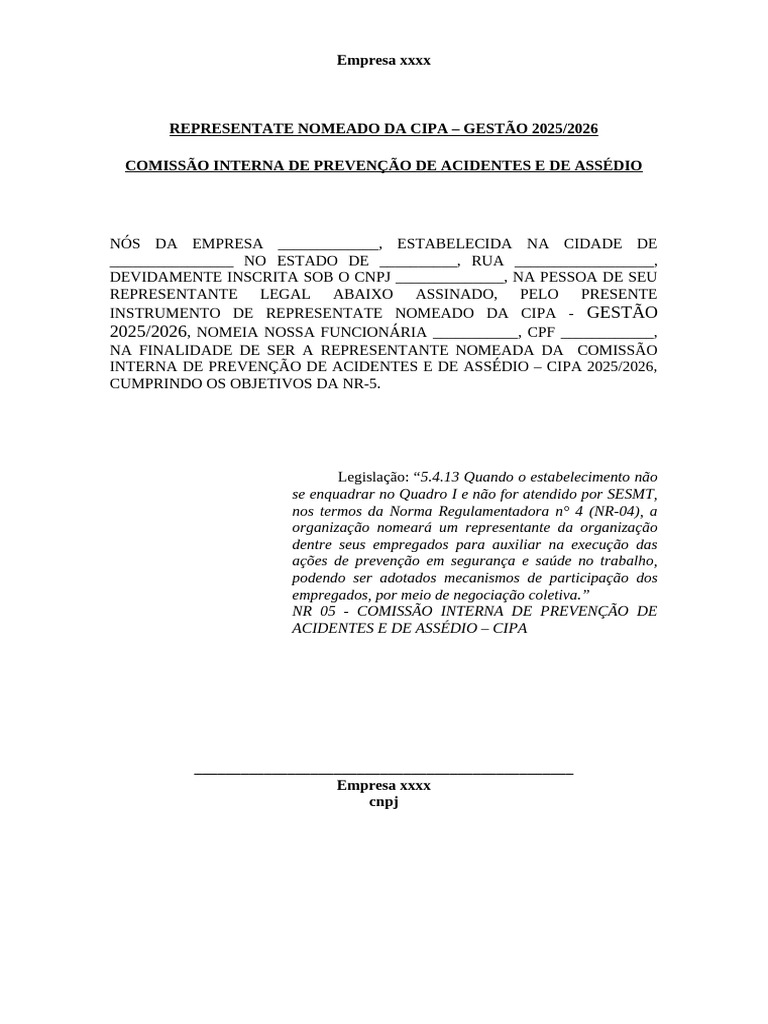 Representate Nomeado Da Cipa - NR - 5 | PDF
