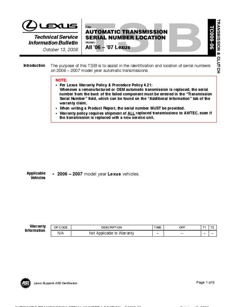 TSB - Lexus Transmission Serial Locations | PDF | Toyota | Transmission ...