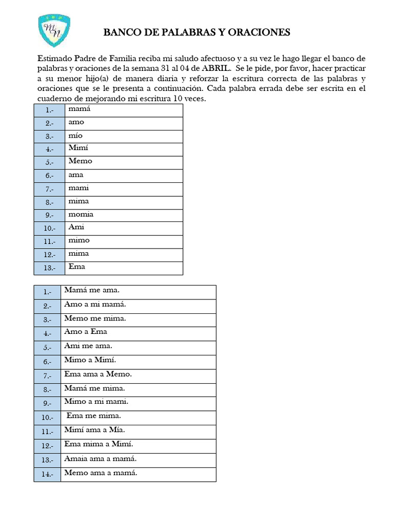 Banco de Palabras - 31 - Al - 04 - de - Abril | PDF