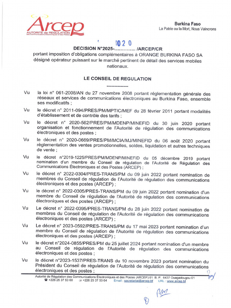 DECISION 2025 020 ARCEP CR Portant Imposition Dobligations ORANGE BFR | PDF