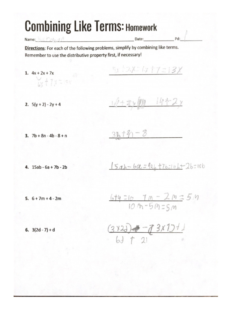 Combining Like Terms Homework | PDF