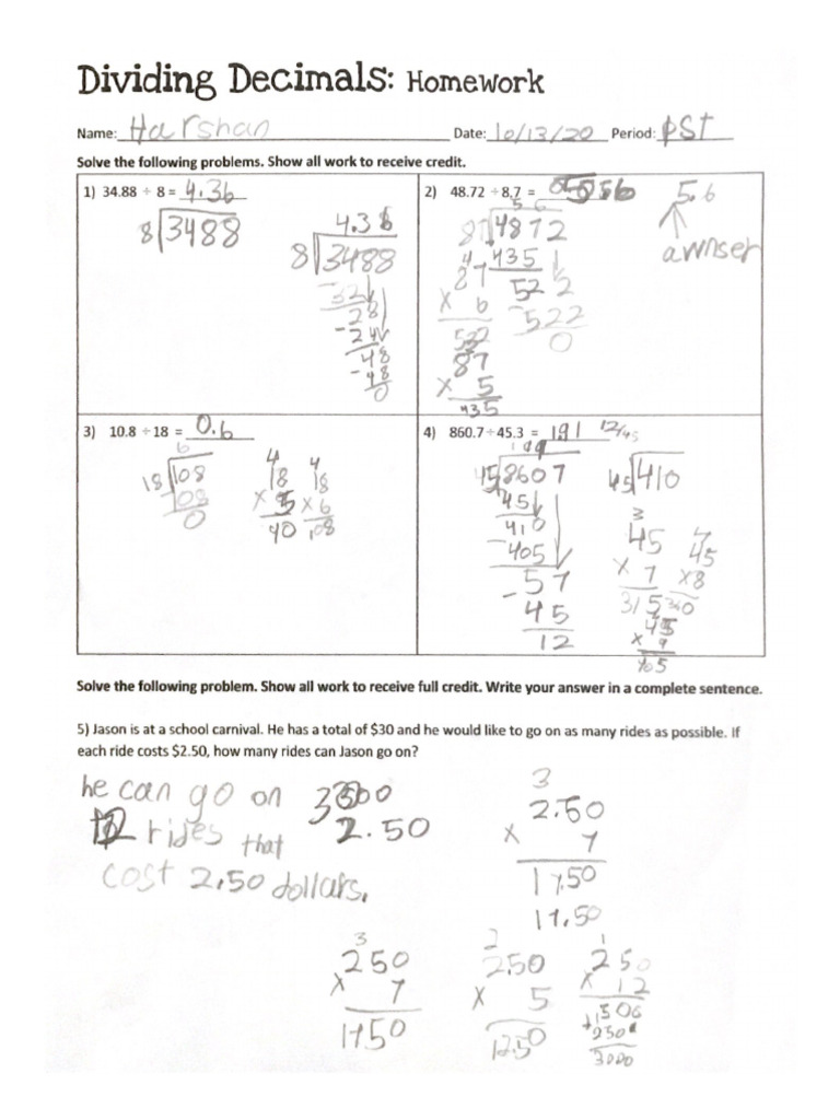 Dividing DecimalS Homework | PDF