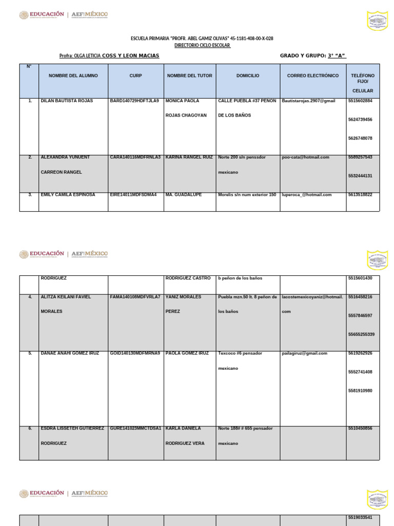 Directorio Alumnos 3° A Escuela Primaria | PDF