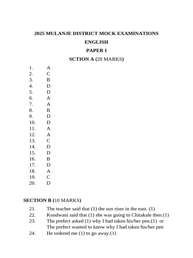 2025 Jce English English Paper 1 Marking Key | PDF
