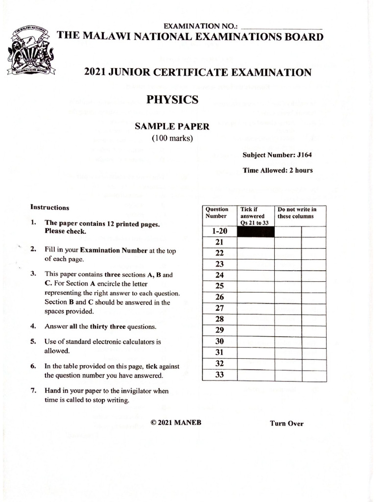 JCE Sample Paper Physics | PDF