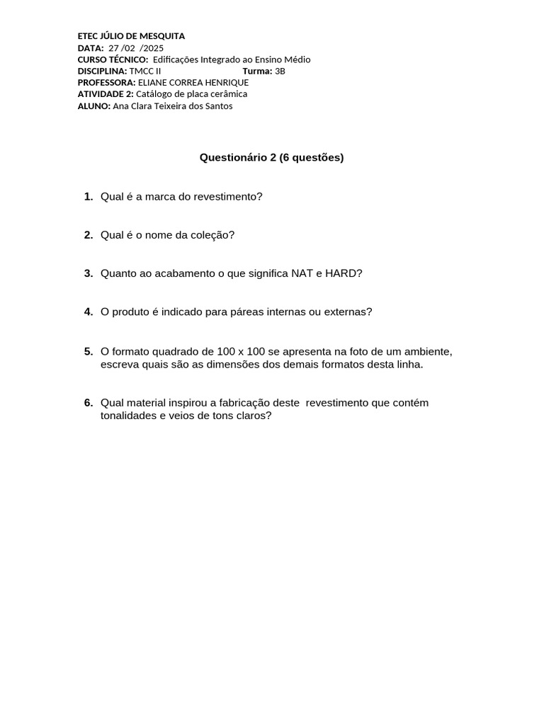 Questionário 2 - Placas Cerâmicas | PDF