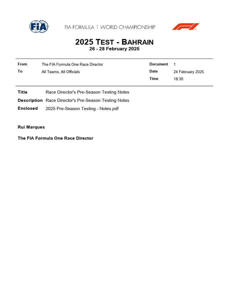 2025 Bahrain F1 Pre-Season Testing Notes | PDF | Formula One | National ...