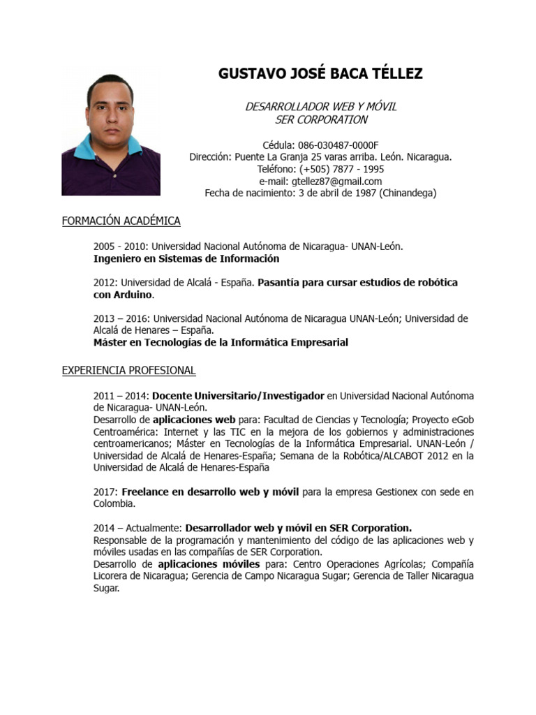 CV Gustavo Baca Spanish | PDF | Aplicación movil | Software de la ...